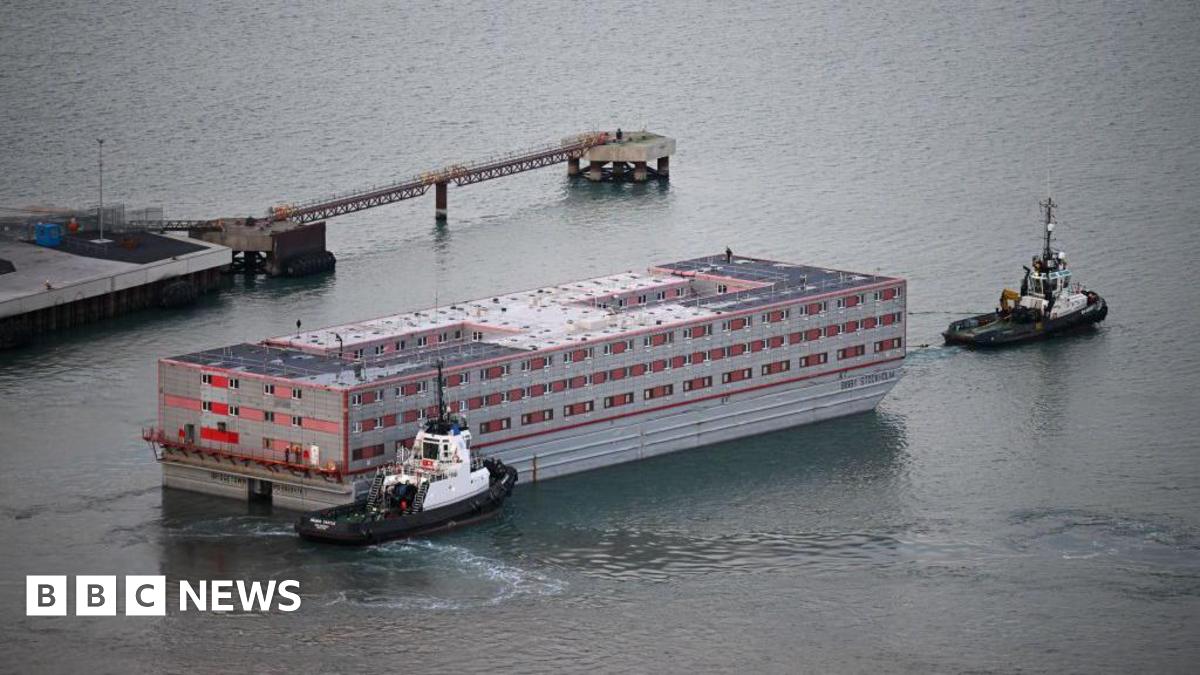 Bibby Stockholm: Asylum barge pictured leaving Portland - BBC News