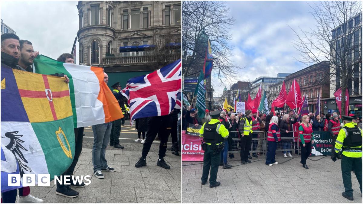 Anti-immigration protest and counter rally gather at Belfast City Hall ...