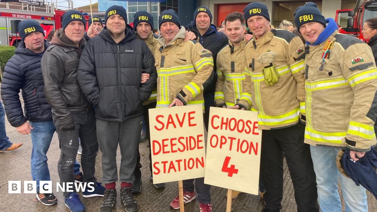 Rhyl and Deeside fire stations staffing review prompts protest - BBC News