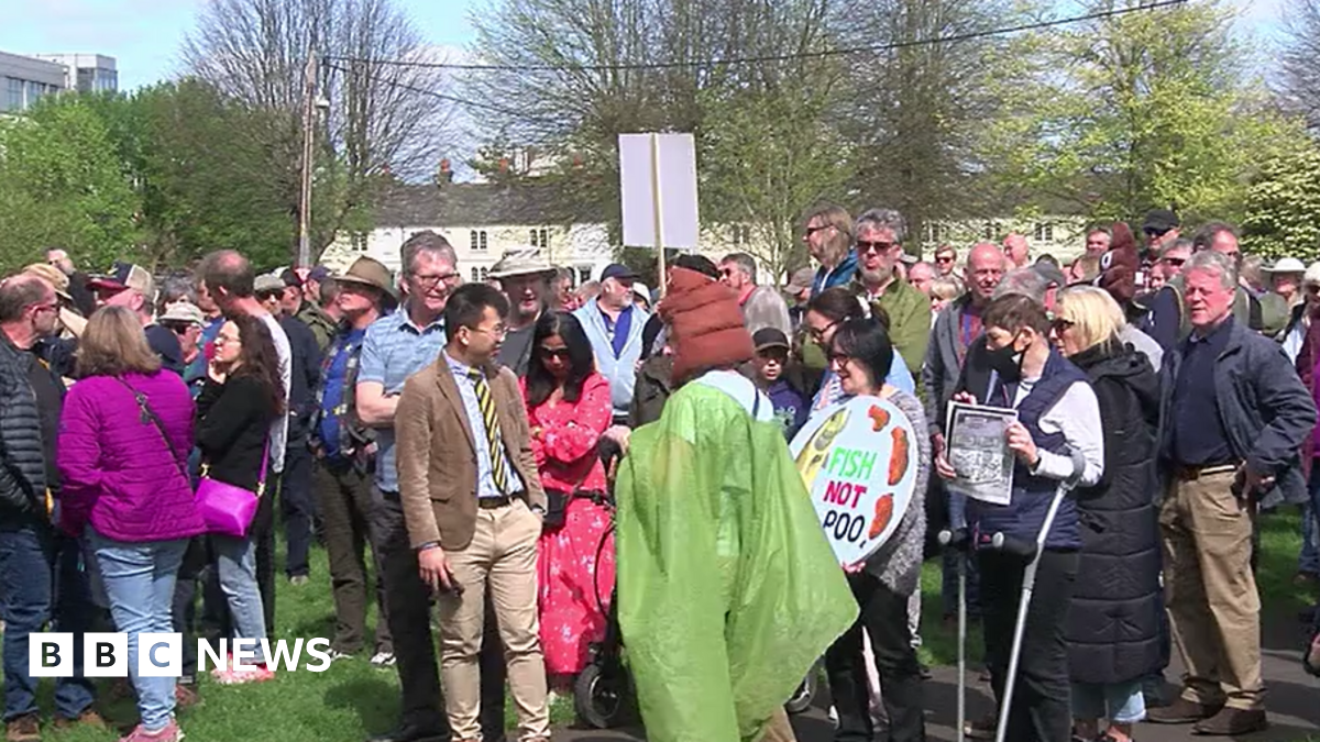 Dozens join protest against sewage discharges into rivers - BBC News