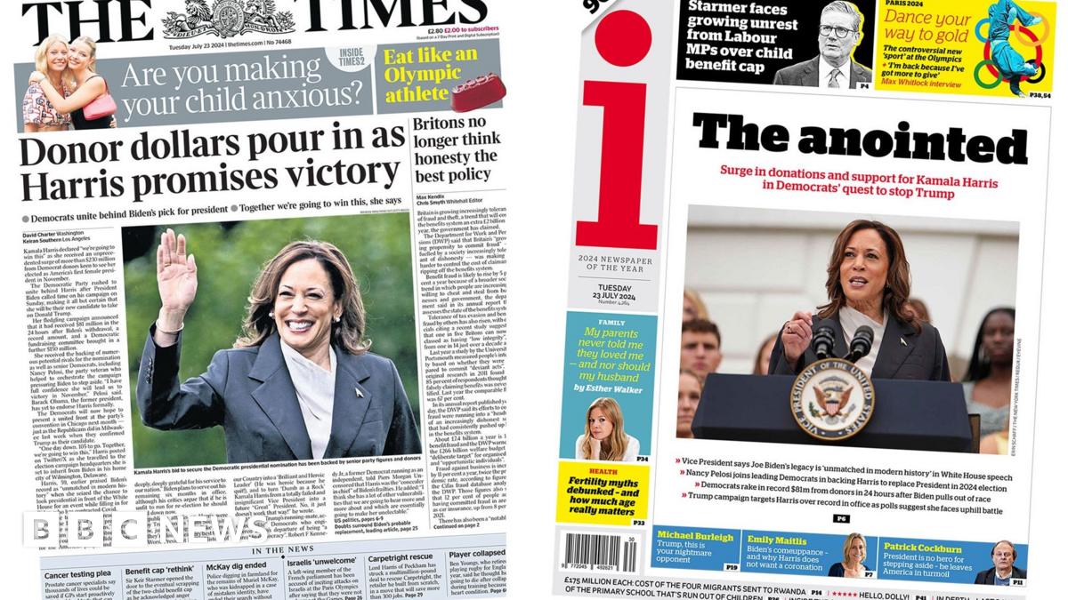 Newspaper headlines: Kamala Harris 'anointed' as 'dollars pour in ...
