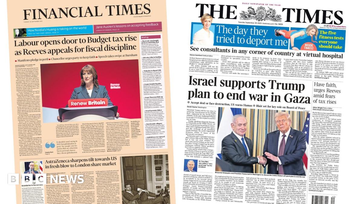 Newspaper headlines: "Labour 'opens door' to tax rise and Trump's Gaza ...