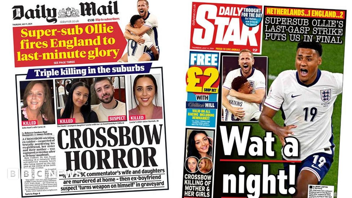 Newspaper headlines: 'Crossbow horror' and England's 'last-minute glory ...