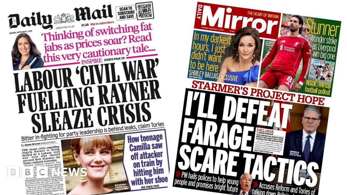 Newspaper headlines: 'Camilla saw off attacker with shoe' and 'Farage ...