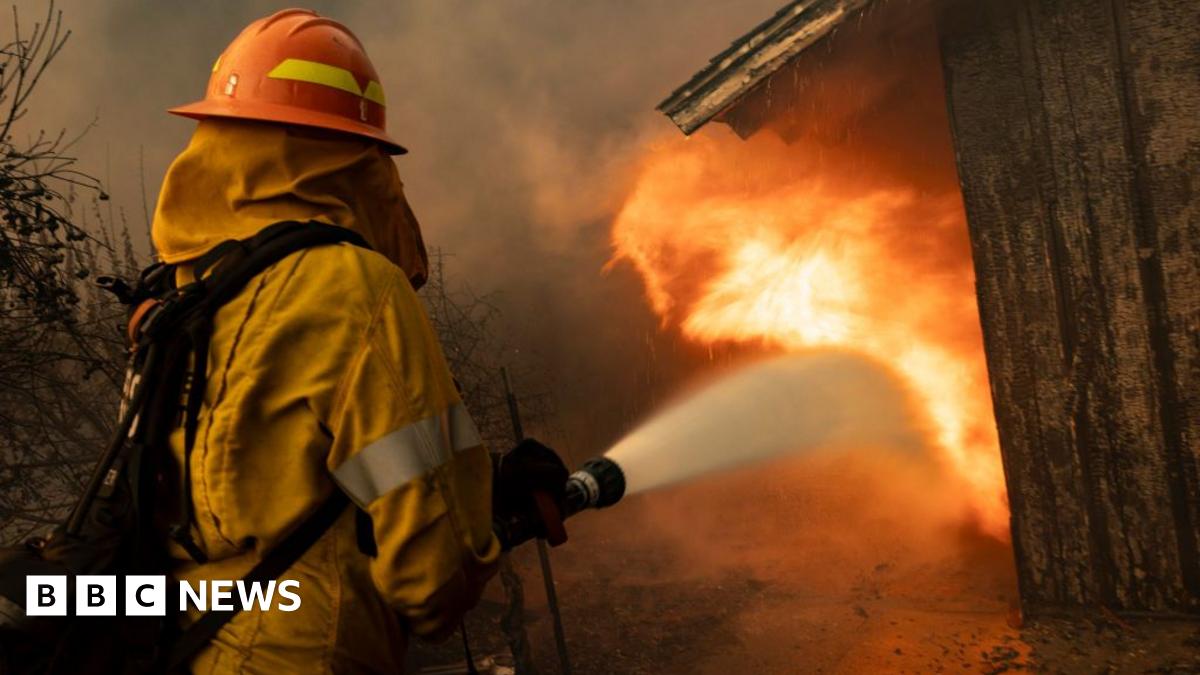 California wildfire: Thousands flee as strong winds fuel flames - BBC News