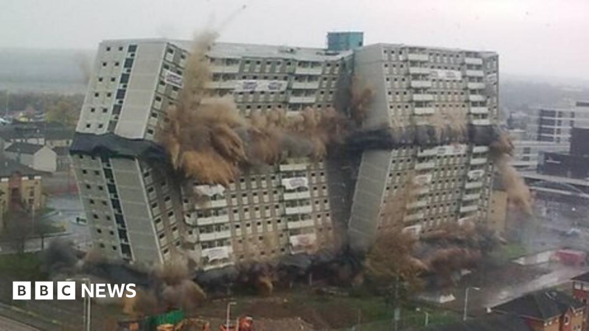 Glencairn Tower in Motherwell brought down by explosion - BBC News