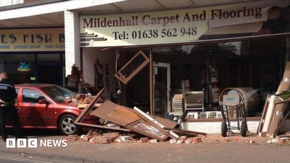 Car crashes into Mildenhall shop and 'misses woman by inches' - BBC News