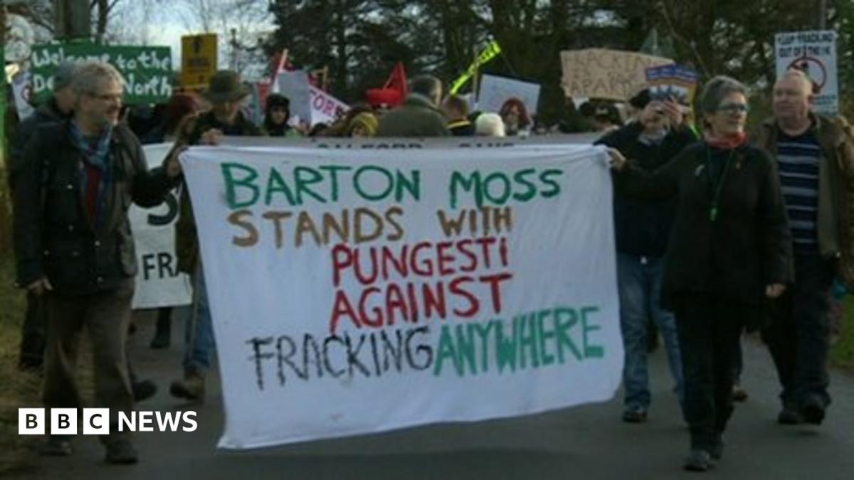 Barton Moss site rally held by anti-fracking protesters - BBC News