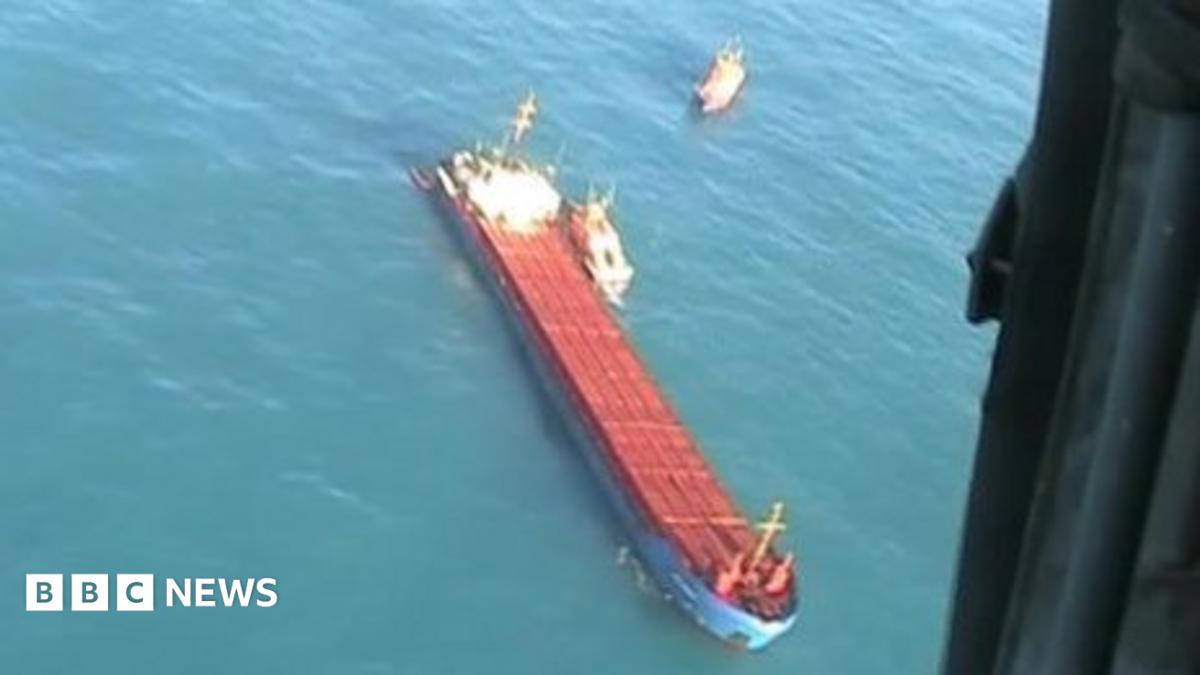 Sinking cargo vessel off Cornwall towed into St Austell - BBC News