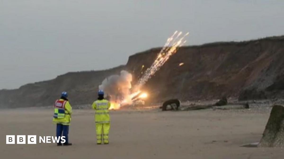 Bomb squad blows up RAF weaponry on beach near Mappleton - BBC News