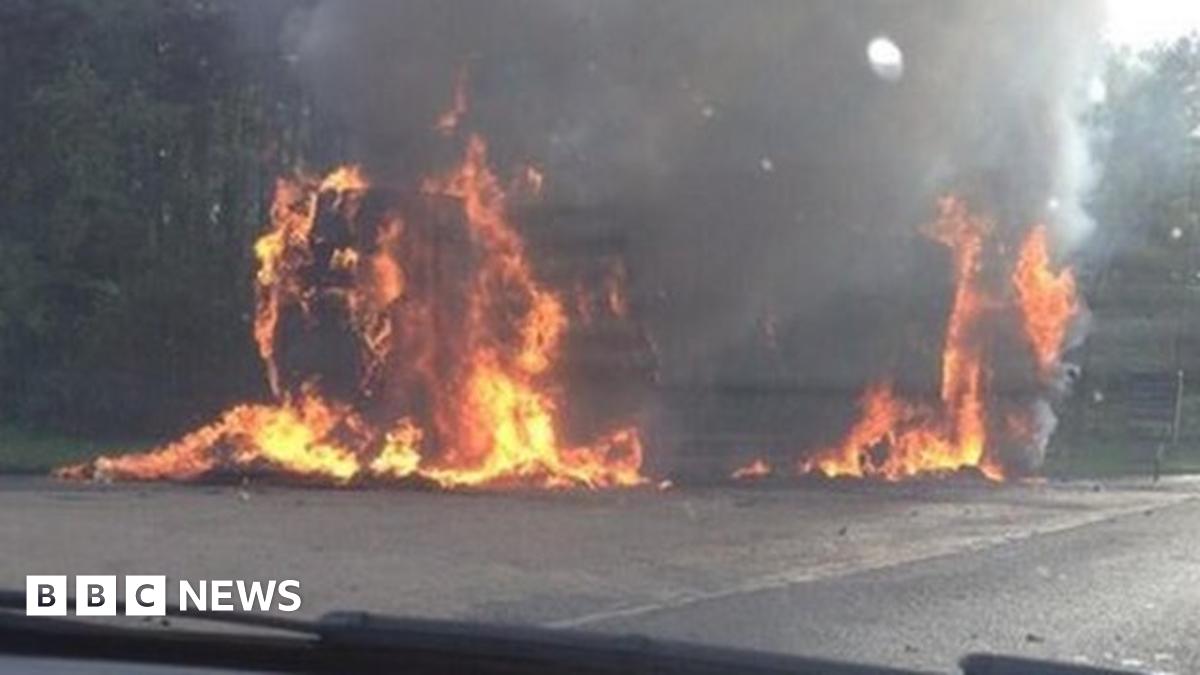 Blaze at M3 Fleet service station as lorry catches fire - BBC News