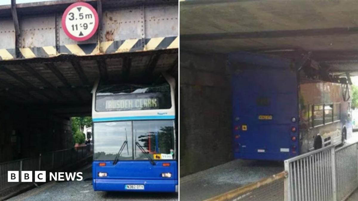 Double decker bus roof ripped off by bridge in Sileby - BBC News