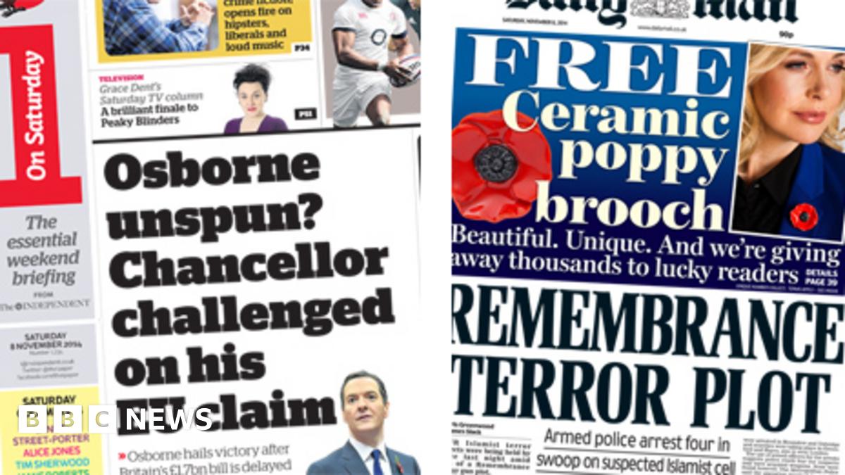 Newspaper headlines: Osborne 'unspun', and the 'poppy plot' - BBC News