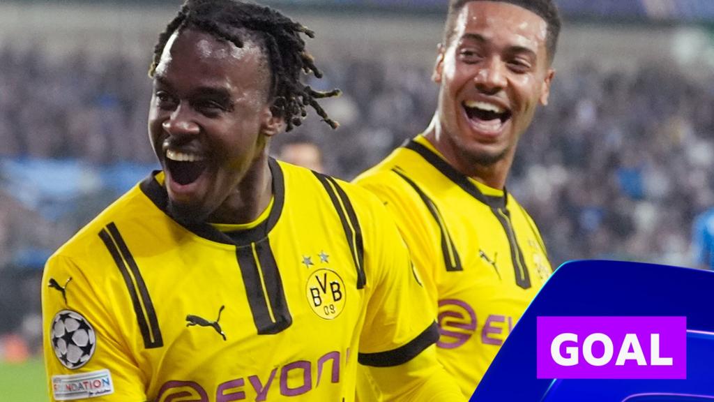 Champions League: Jamie Gittens fires home Dortmund's second goal - BBC ...