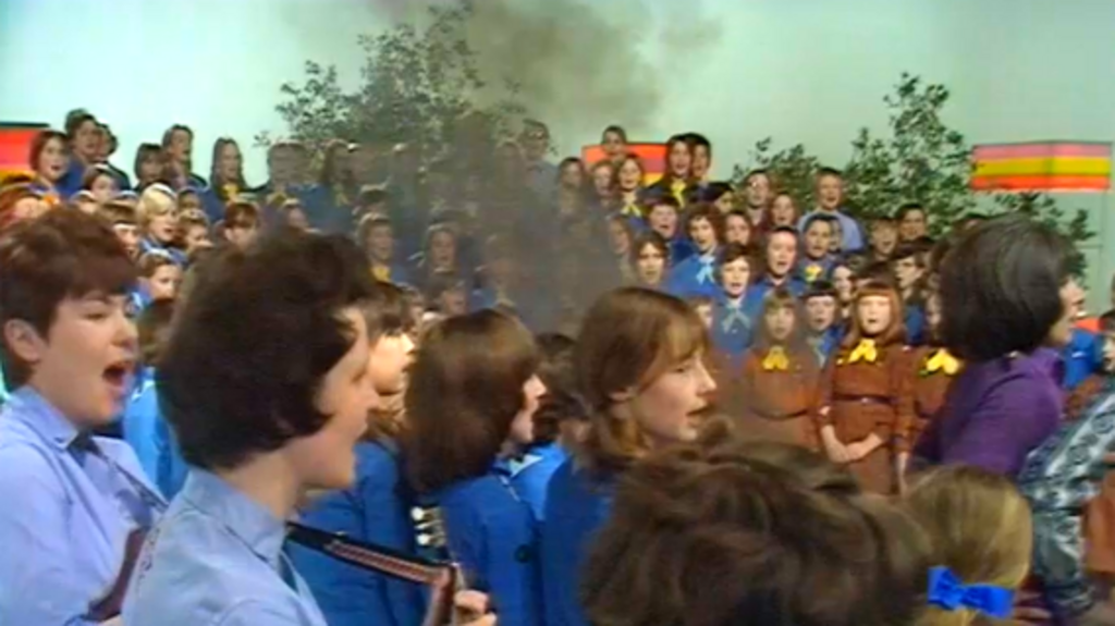 Blue Peter girl guides sing as campfire smoke fills studio, 1971 - BBC