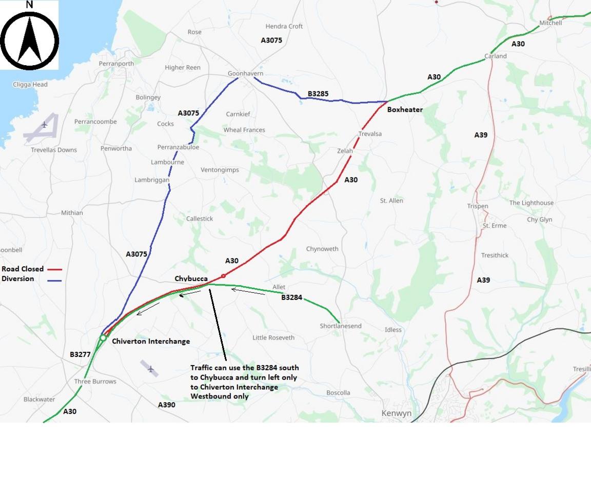 A30 closed at Chybucca and Boxheater for two nights - BBC News
