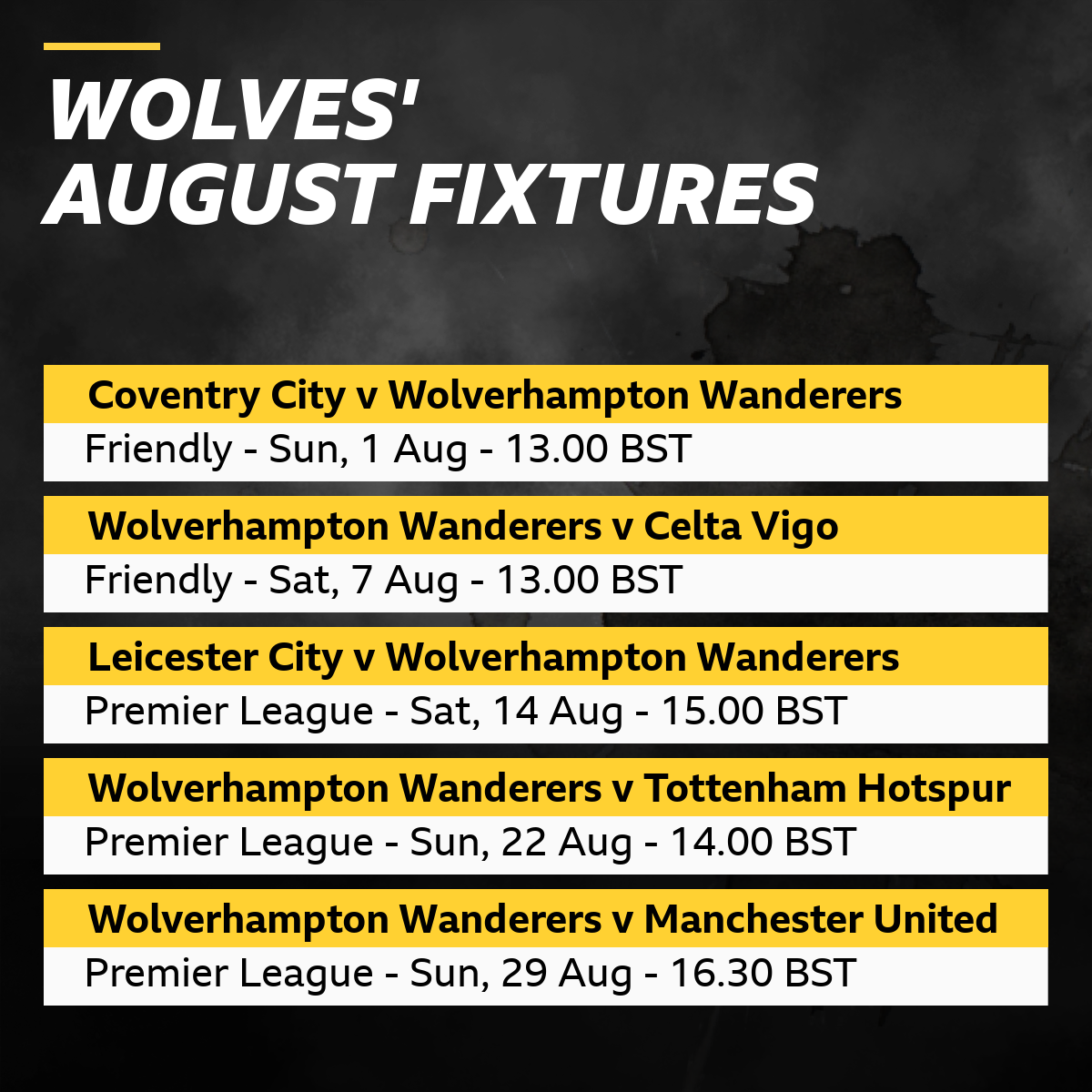 Wolves August fixtures - BBC Sport