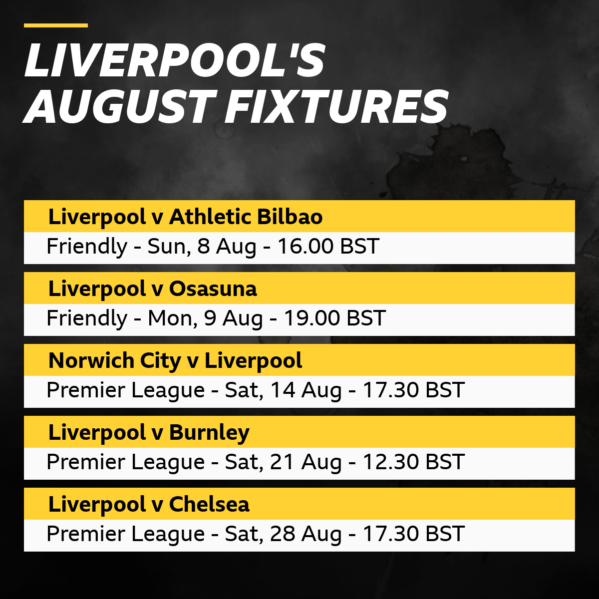 Liverpool s August fixtures BBC Sport