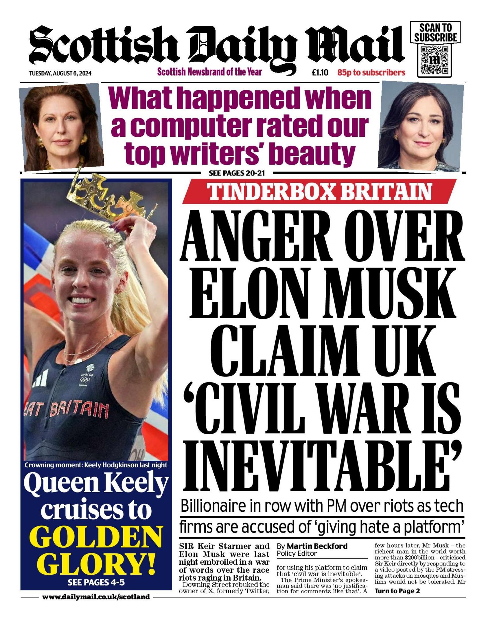 Scotland's papers: 'Name and shame rioters' and Musk's 'civil war ...
