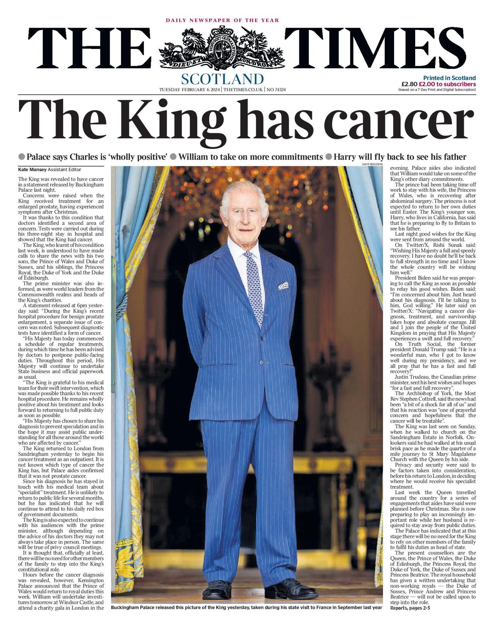 Scotland's papers: 'King has cancer' and wills loophole for murderers ...