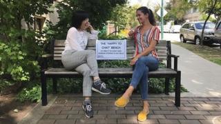 'Happy to Chat' benches: The woman getting strangers to talk - BBC News