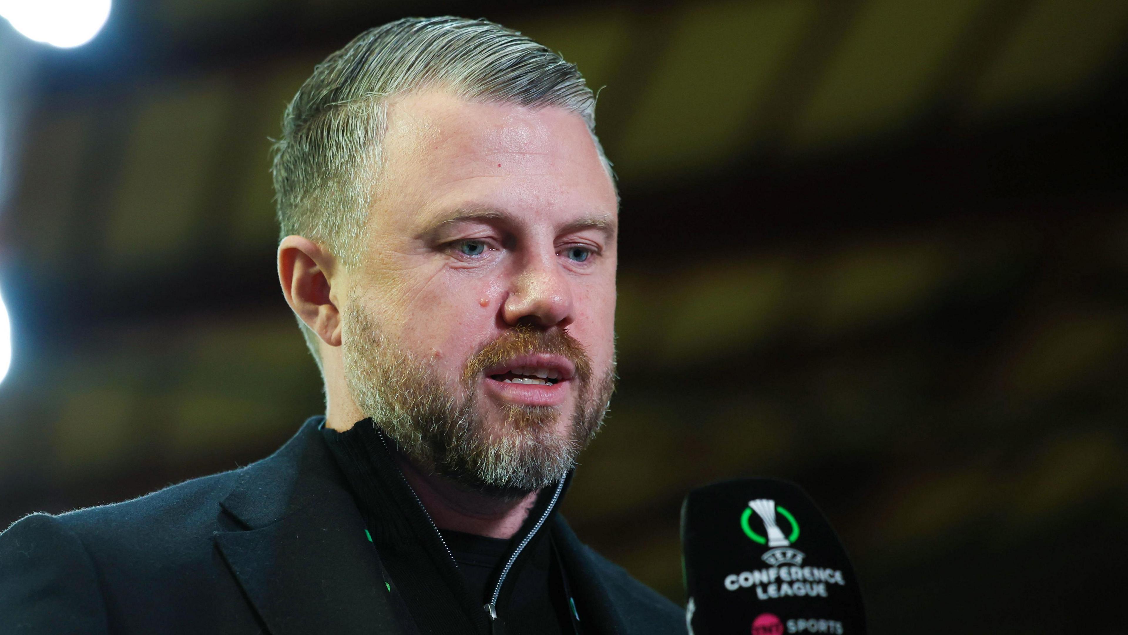 Aberdeen manager Jimmy Thelin speaks to the media before Sparta Prague ...