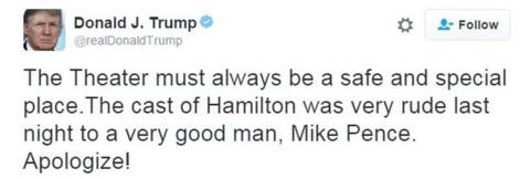 Mike Pence, VP-elect, booed at Hamilton musical - BBC News