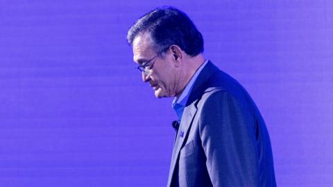 Lip-Bu Tan, chief executive officer of Intel Corporation, seen in profile, looking down during a news conference in Taipei, Taiwan, on Monday, May 19, 2025.