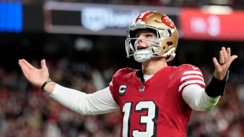 Brock Purdy celebrates after scoring a touchdown for the San Francisco 49ers against the Chicago Bears
