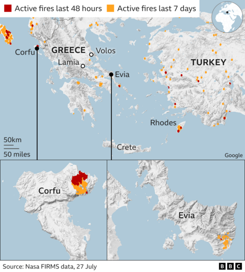 Greece fires in maps and satellite images show extent of damage - BBC News