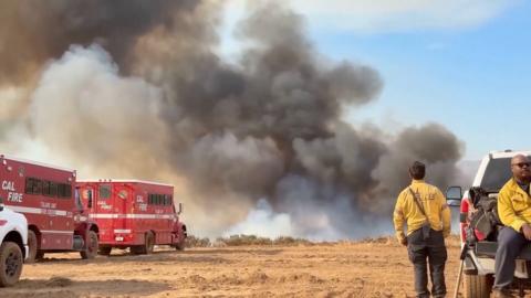 Firefighter looks at clouds of smoke.