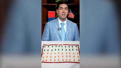 Top: BBC journalist Bernd Debusman, wearing a blue blazer. Bottom: a grid made with sweets to represent voters and rights.