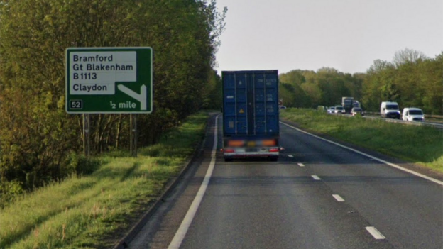 A14 near Needham Market reopens after lorry goes into ditch - BBC News