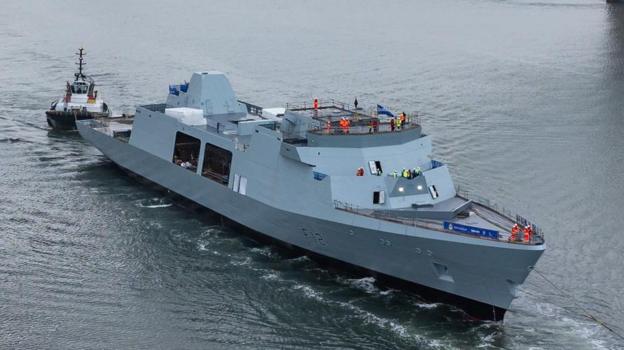 Pioneering Royal Navy frigate takes to the water - BBC News