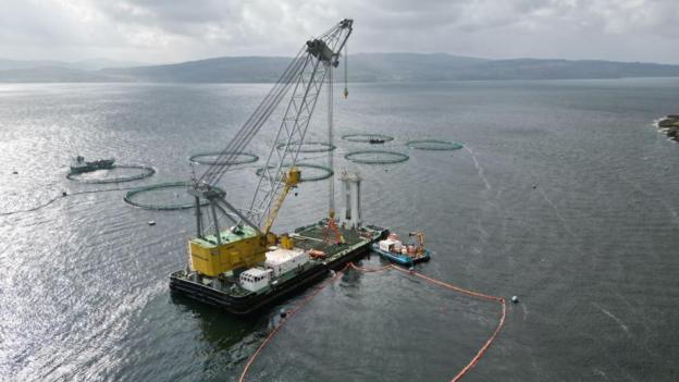 Sunken fish farm boat lifted from seabed in Sound of Mull - BBC News