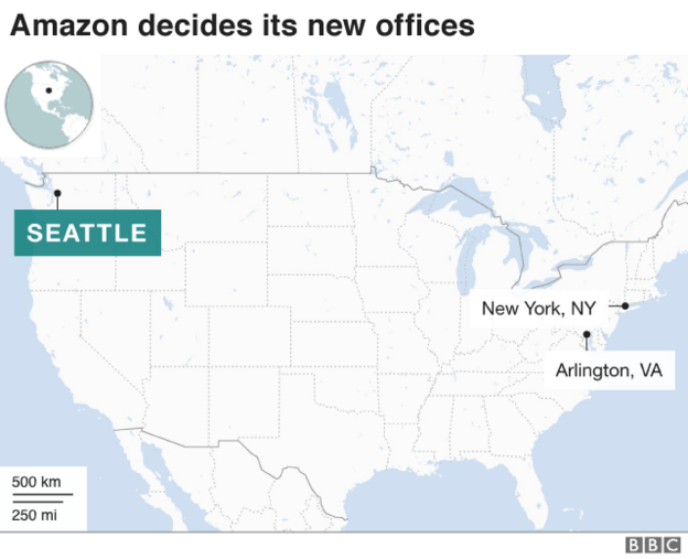 Amazon names locations for new US HQs - BBC News