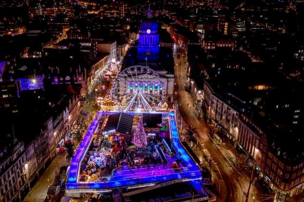 Drone images show Nottingham's winter wonderland and aerial rink - BBC News