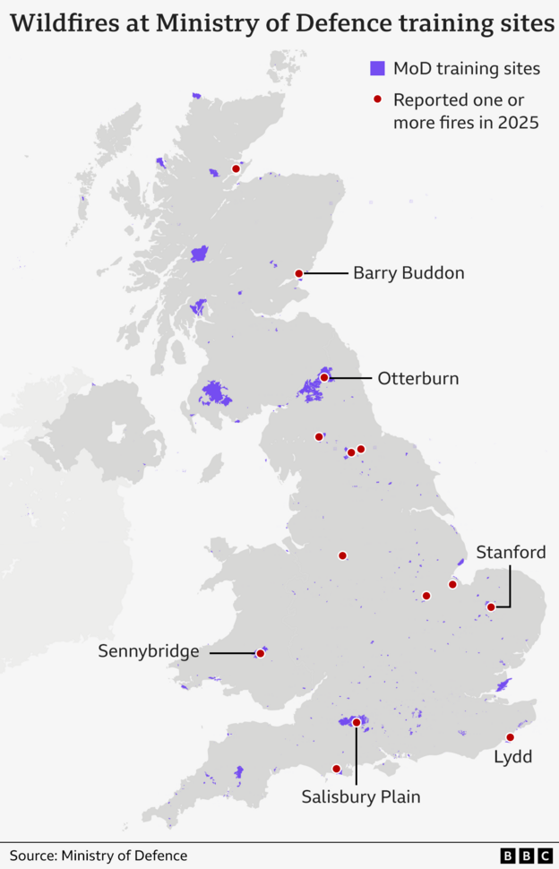 Hundreds of wildfires sparked by 'live-fire' military manoeuvres - BBC News