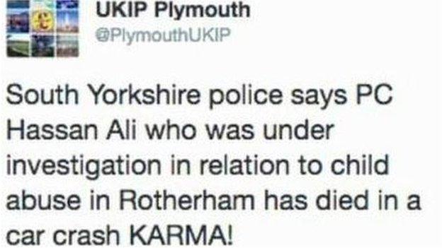 UKIP sorry for PC Ali Hassan death 'karma' tweet - BBC News