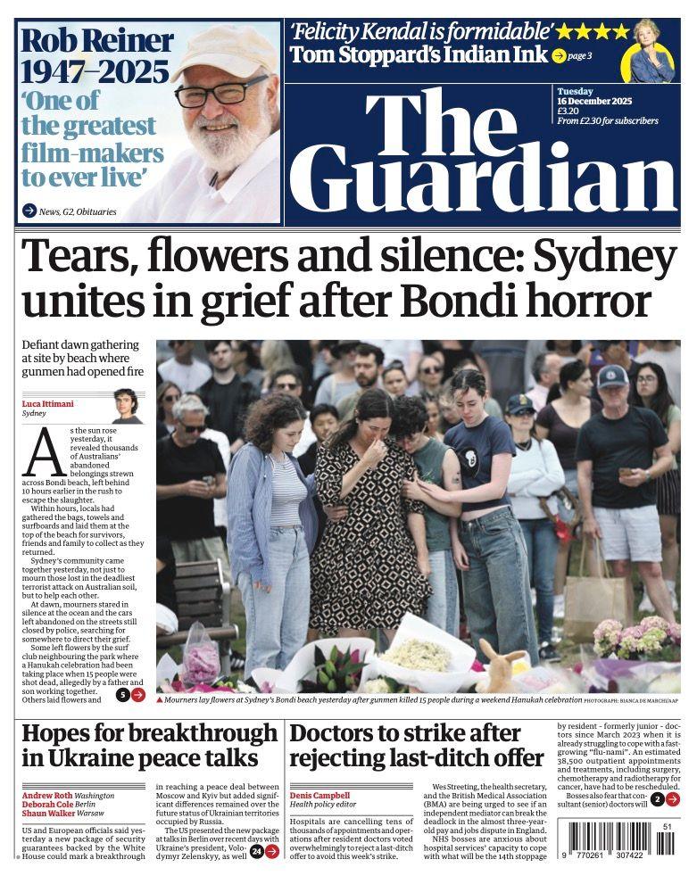 Newspaper headlines: 'Tears, flowers and silence' in Bondi and ...
