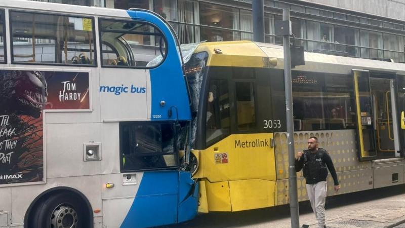 Manchester city centre: Bus and tram in head-on collision - BBC News