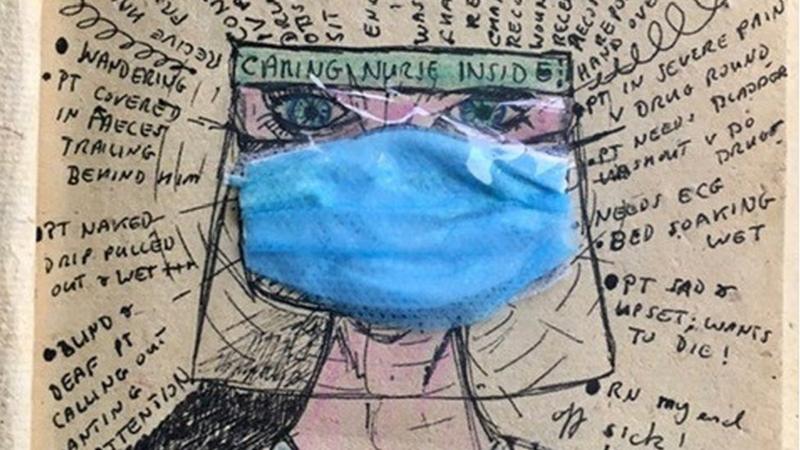 Former nurse's pandemic 'doodles' hung at hospitals - BBC News