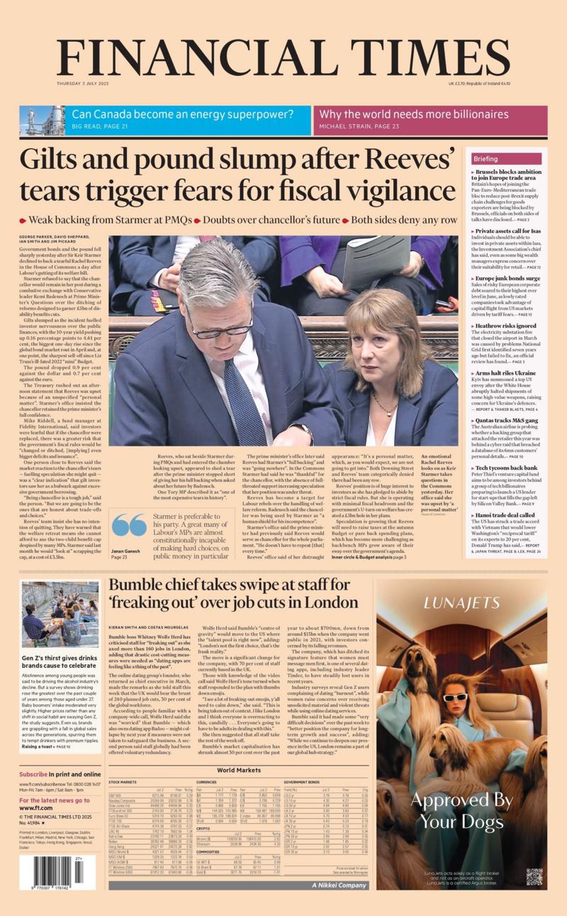 Newspaper headlines: 'Pound falls after Reeves tears' and 'Brave face ...