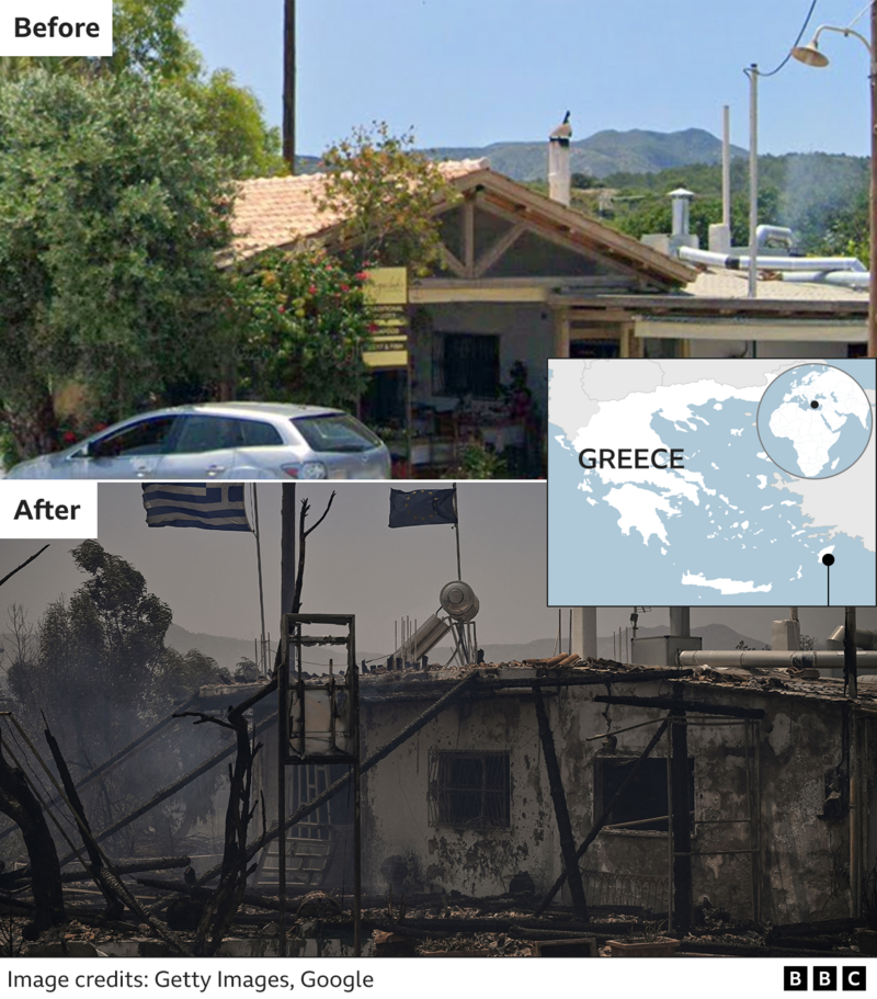 Greece fires in maps and satellite images show extent of damage - BBC News