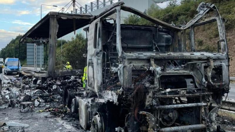 Lorry destroyed by fire on M5 near Exeter - BBC News