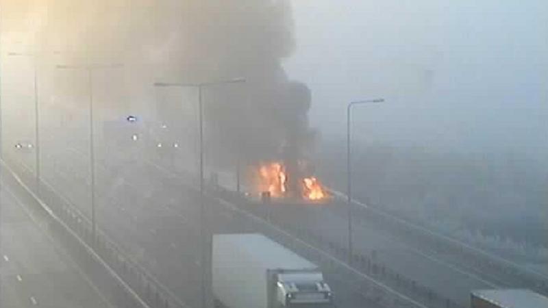 M11: Lorry fire shuts northbound carriageway in Cambridgeshire - BBC News