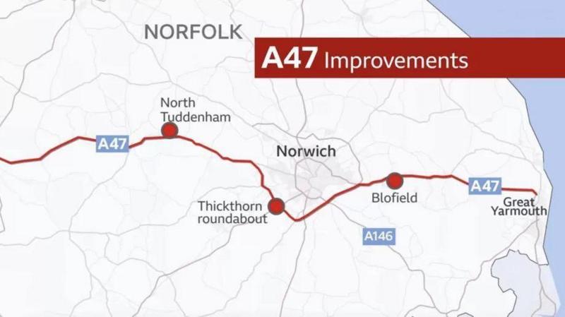 A47 upgrade costing £300m to begin in Norfolk this week - BBC News