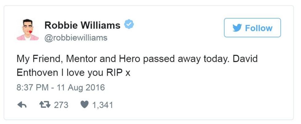 Robbie Williams pays tribute to manager David Enthoven - BBC News