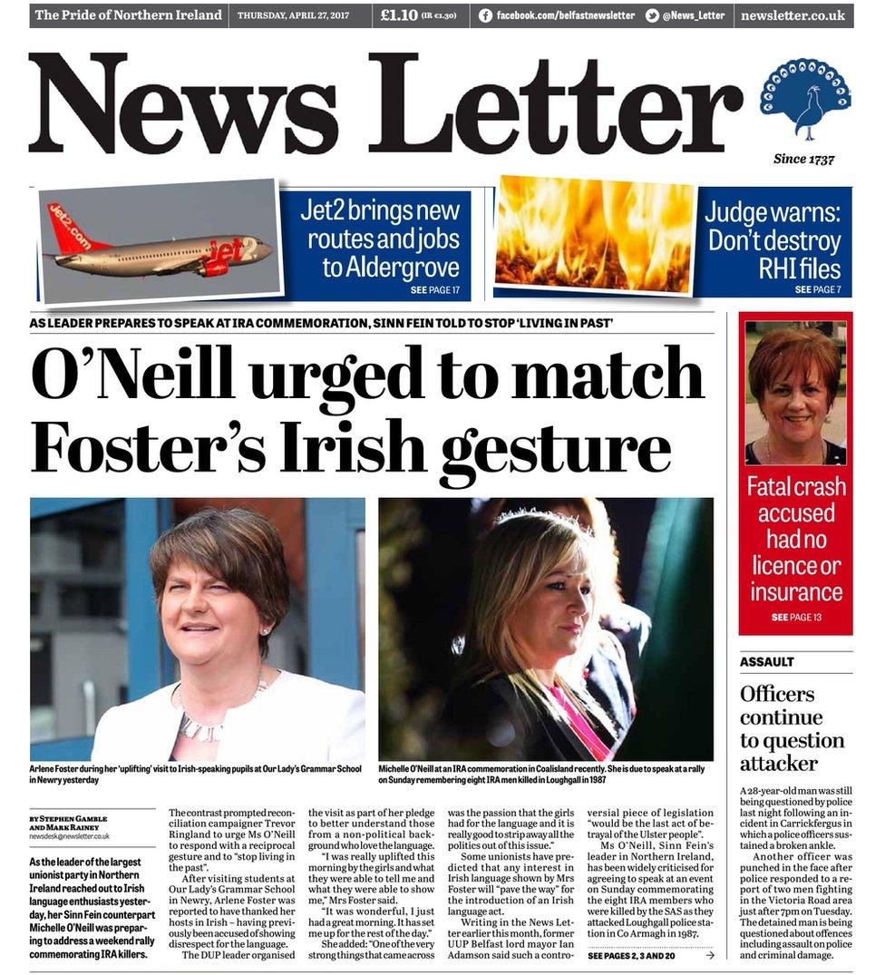 Newspaper review: 'Tiocfaidh Arlene' and Belfast clasico - BBC News