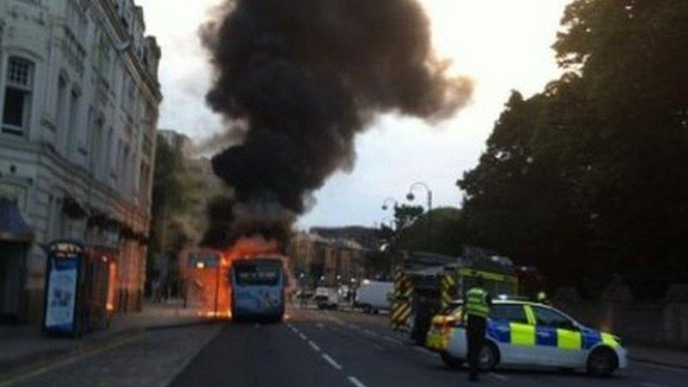 Cardiff city centre bus fire causes plumes of smoke - BBC News